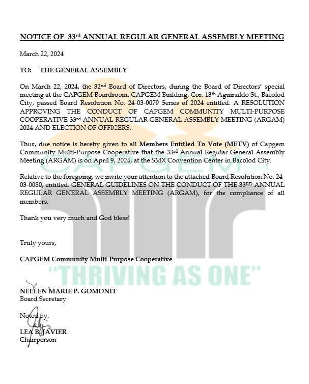 NOTICE OF 33rd ANNUAL REGULAR GENERAL ASSEMBLY MEETING - CAPGEM ...