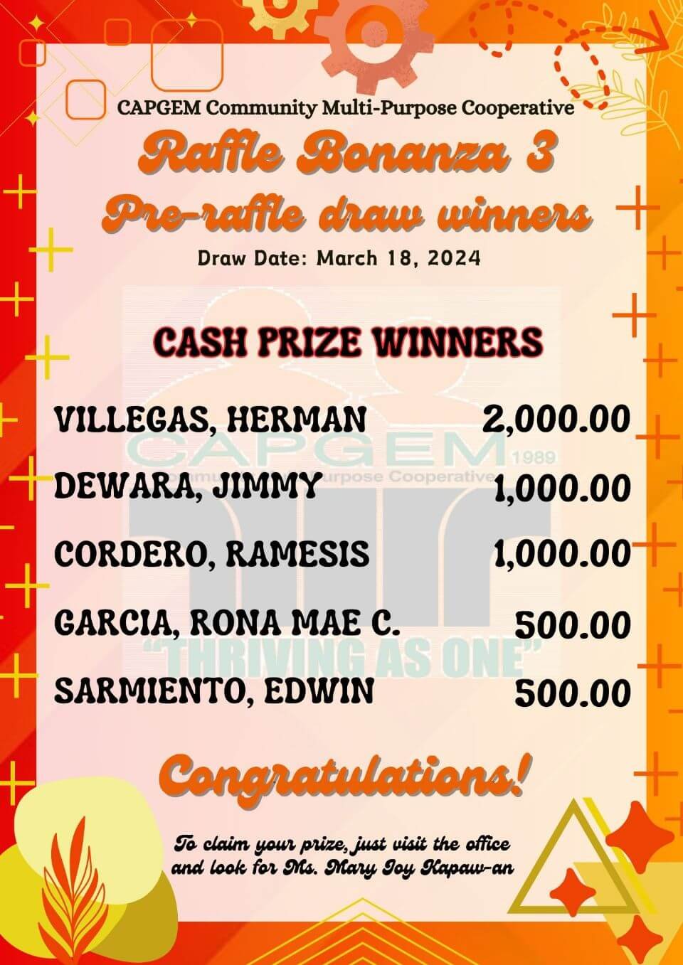 CAPGEM Raffle Bonanza 3: Pre-Raffle Winners March 18, 2024 - CAPGEM ...